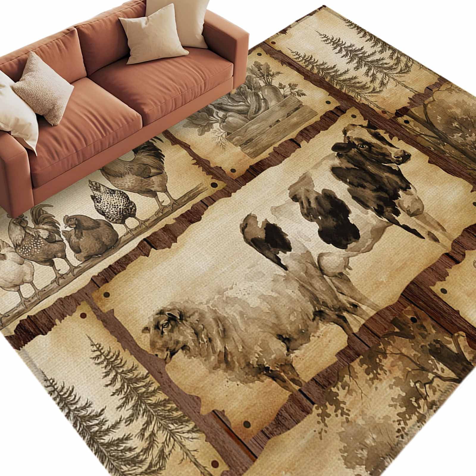 Farm Animal 8'x10' Large Area Rugs Retro Chicken Cow Sheep Pig Pine ...