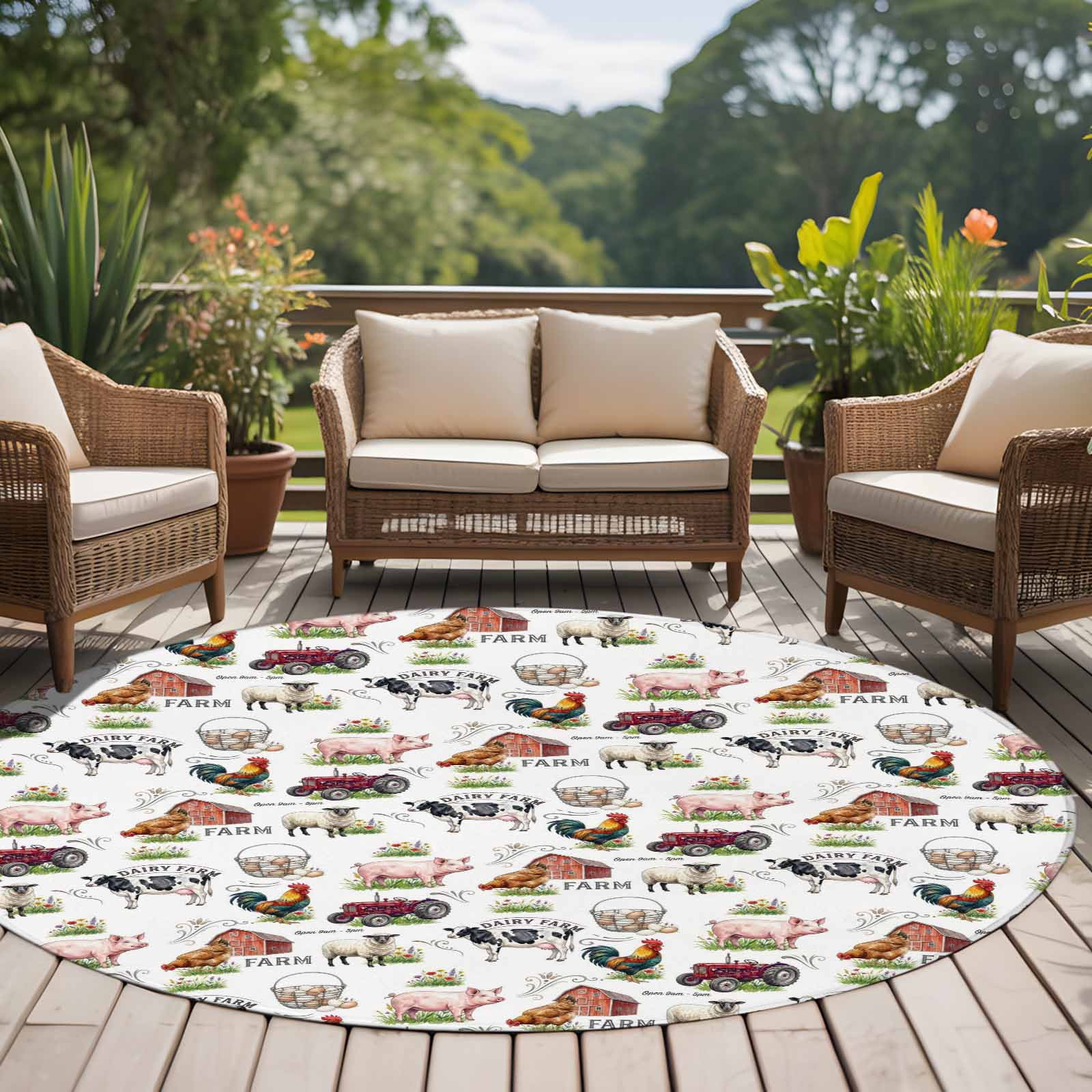 Farm Animal 8ft Round Rug for Open Concept Living Room Seating Zone ...