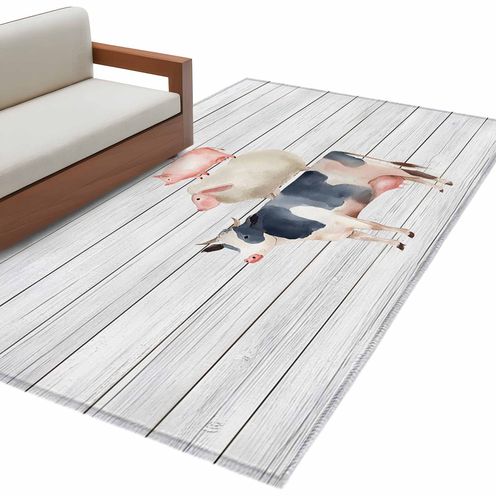 Farm Animal Area Rug 4x6ft Cow Pig Sheep Chicken Wood Grain Non-Slip ...