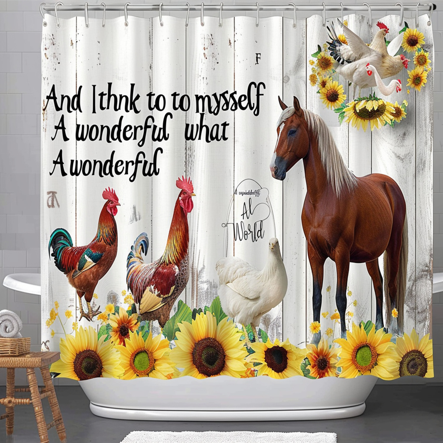 Farm Animal Bathroom Curtain with Sunflowers A Wonderful World Shower ...