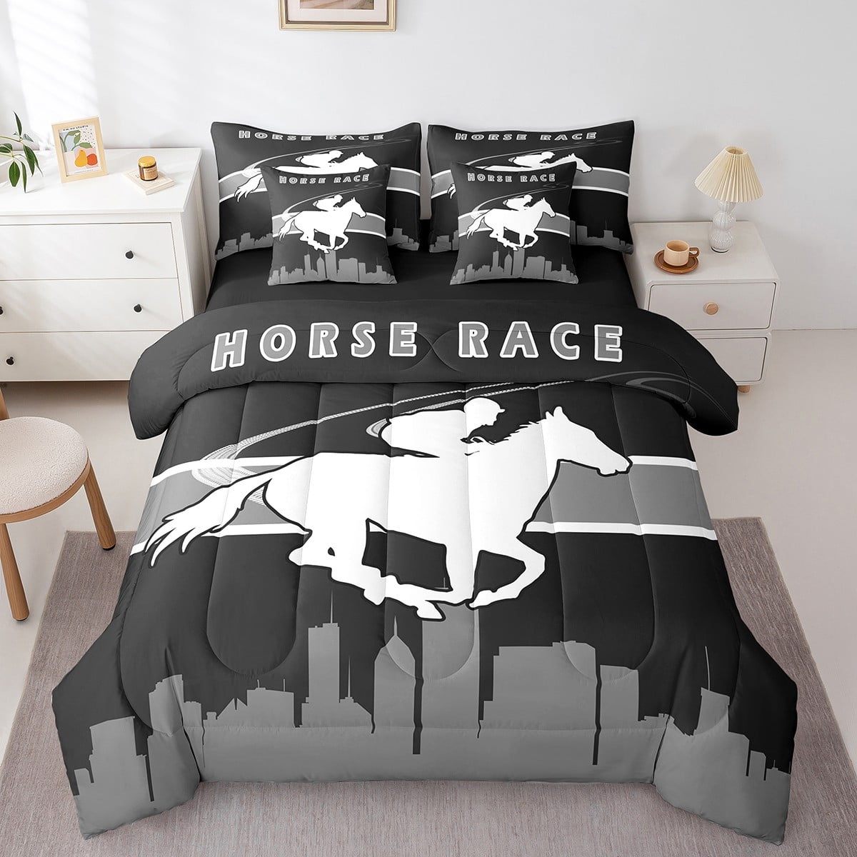 Farm Animal Bed in a Bag 7-Piece Horse Race Bedding Set, Black Grey ...