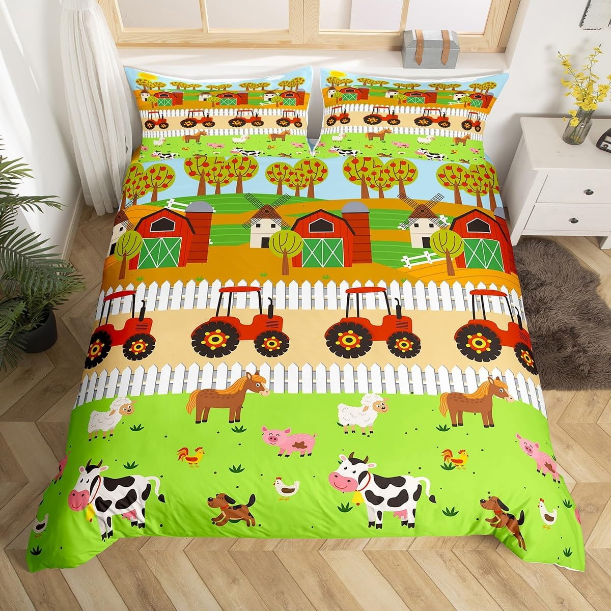 Farm Animal Bedding Set for Girls Boys Red Tractor Duvet Cover Toddler ...