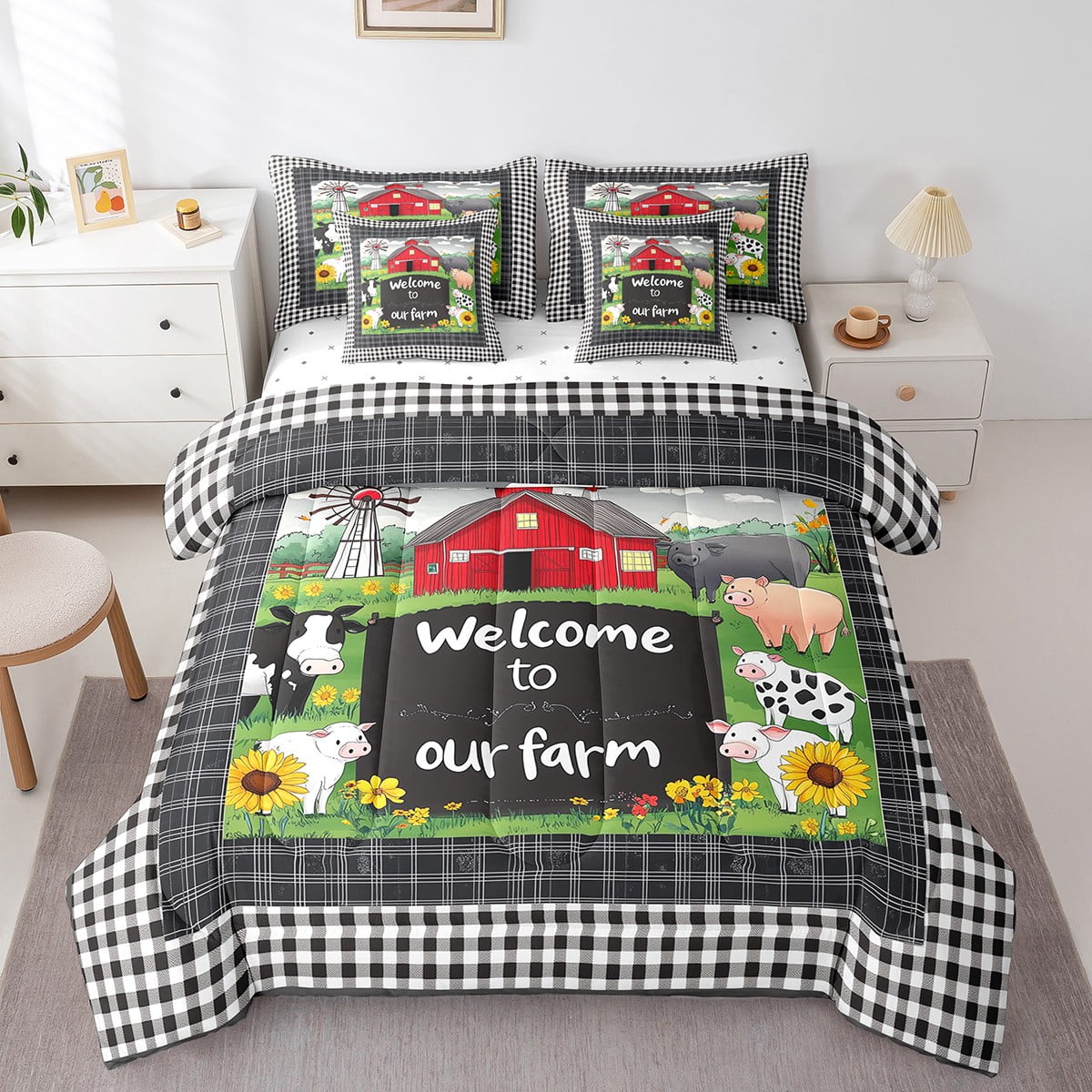 Farm Animal Bedding Set,Cute Pig Milk Cow Twin Comforter Set 7 Piece ...