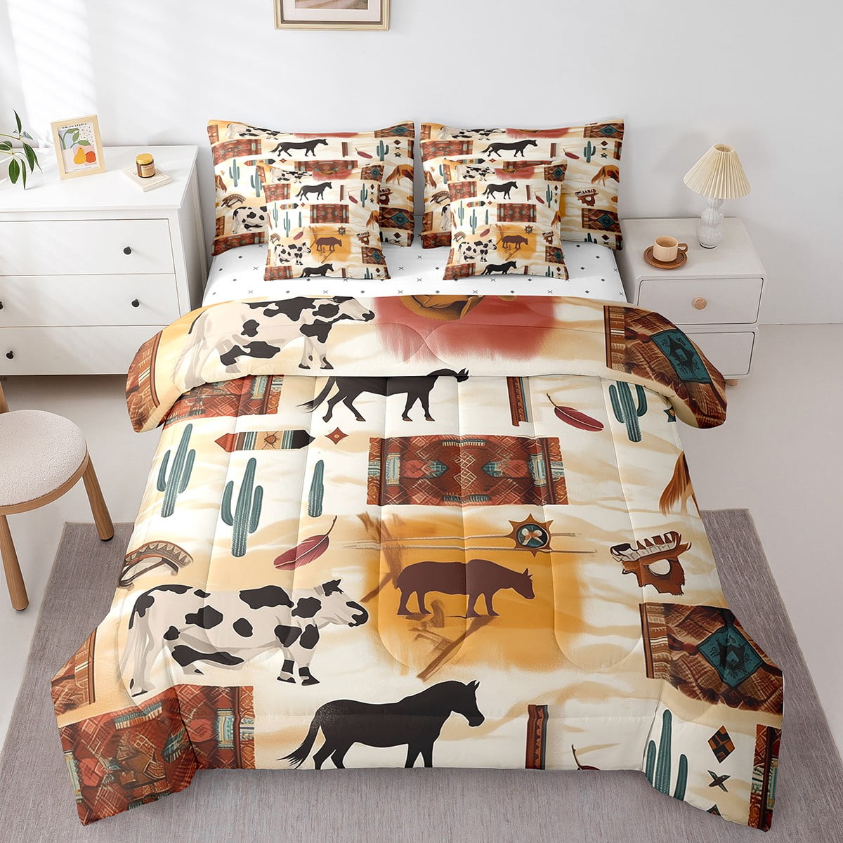 Farm Animal Bedding Set Milk Cow Horse Cactus Full Comforter Set 7 Piece Adults,Western Cowboy ...