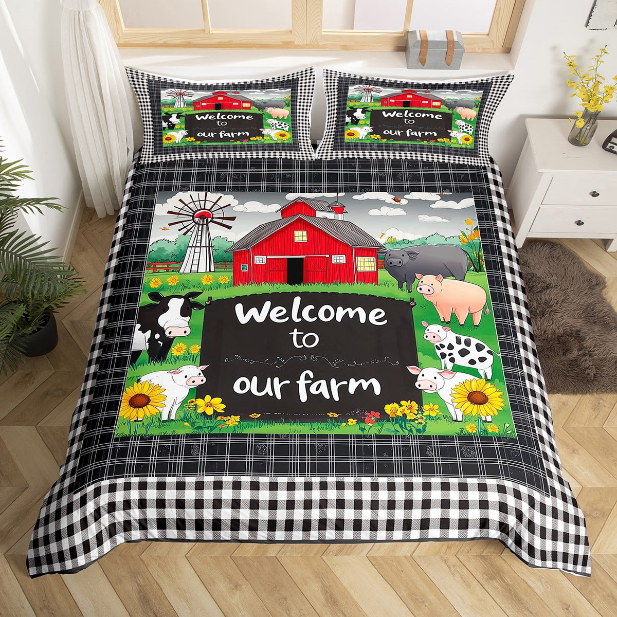 Farm Animal Bedding Set Queen,Cute Pig Milk Cow Comforter Cover Red ...