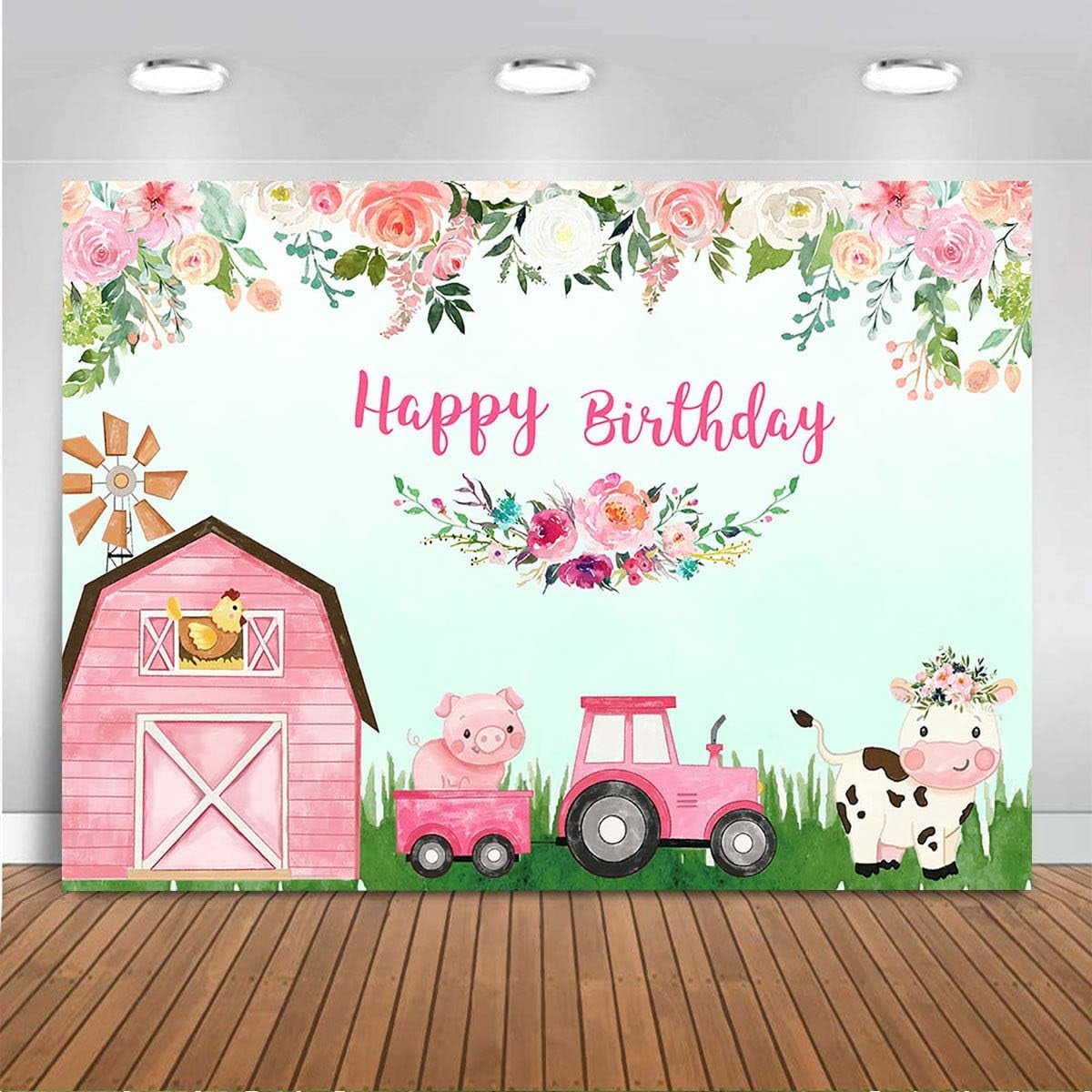 Farm Animal Birthday Backdrop Pink Barn Flower Farm Themed Party ...