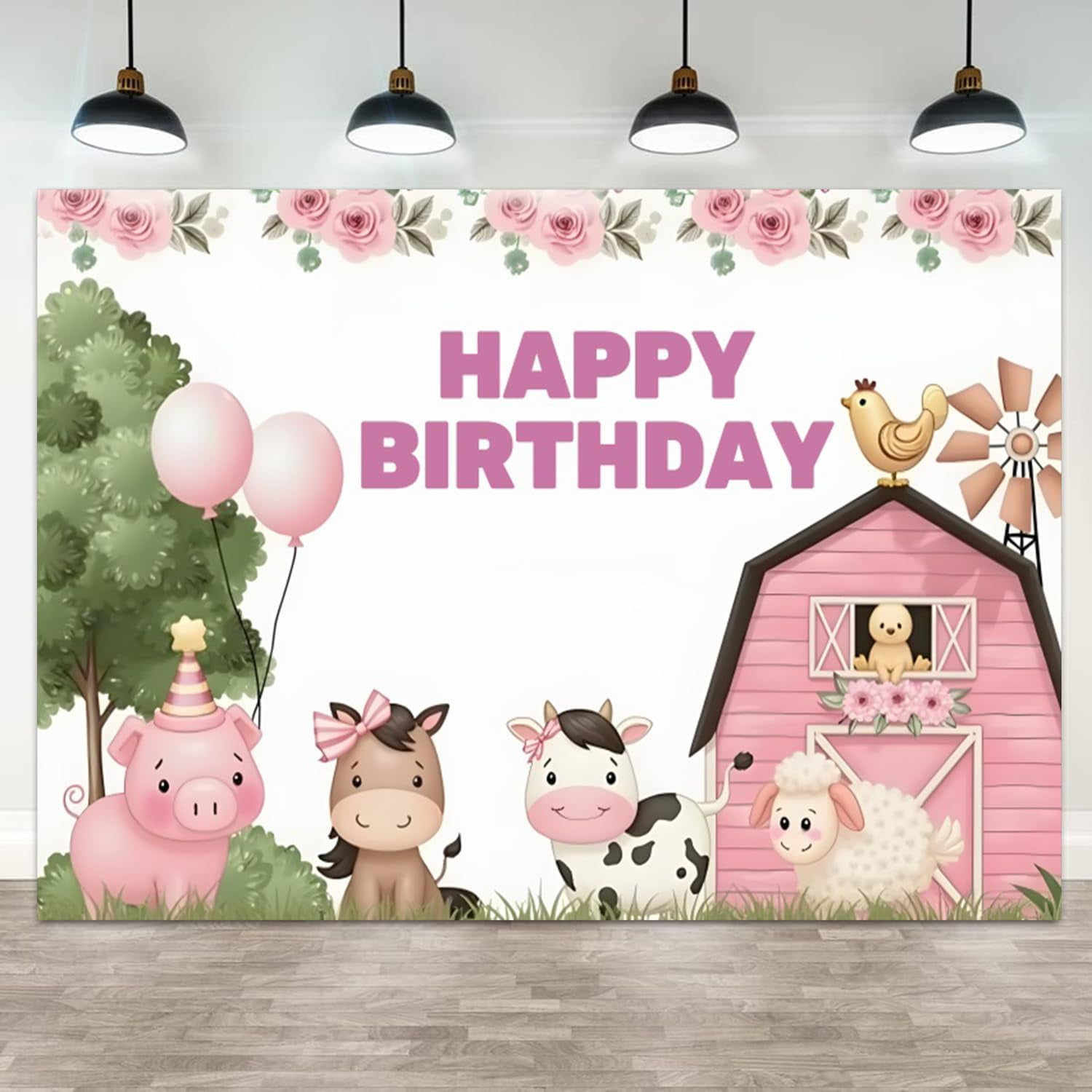 Farm Animal Birthday Backdrop Windmill Roses Green Tree Barn Happy Birthday Photography ...