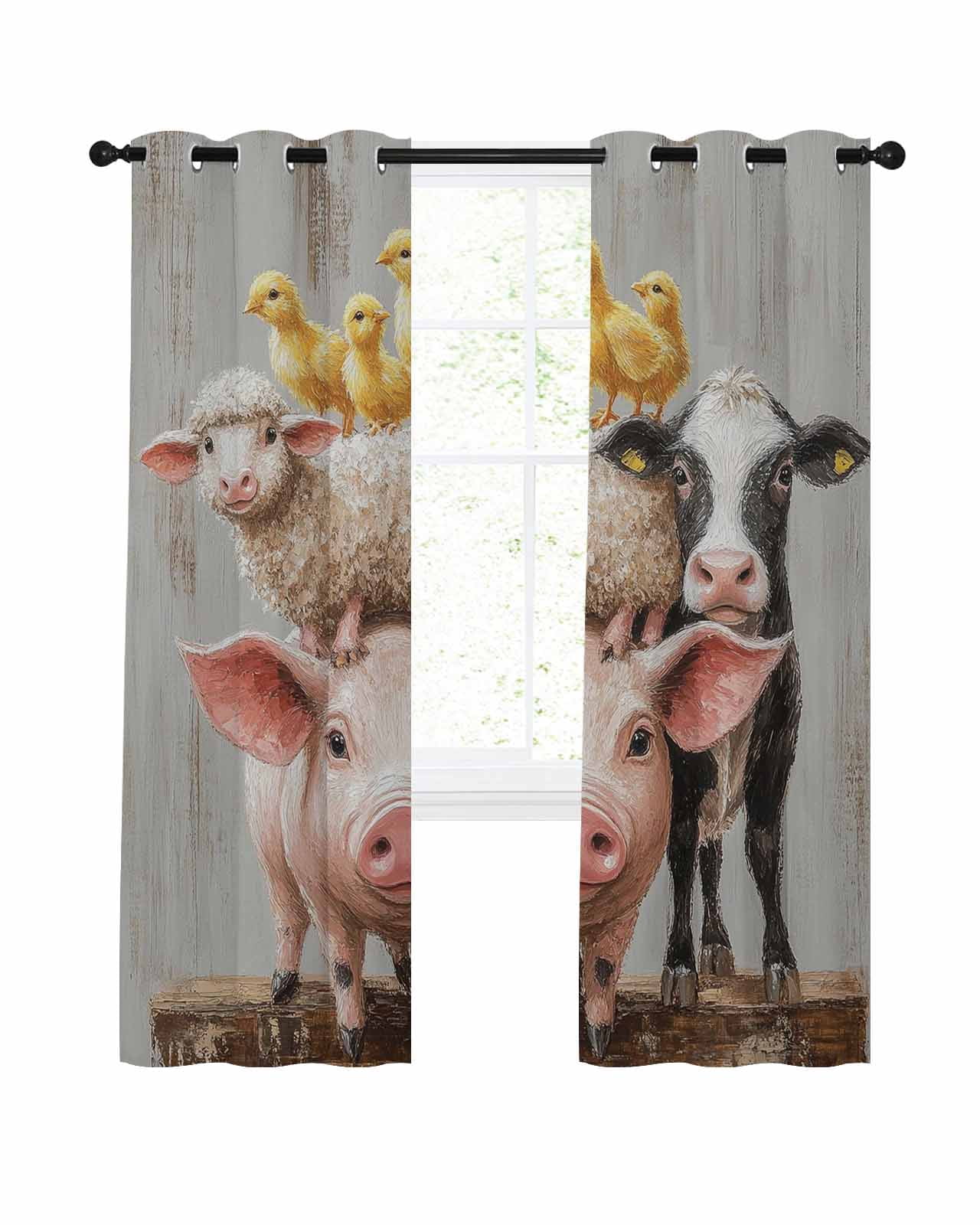 Farm Animal Blackout Curtains 72 Inch Length Pig Sheep Cow Chicken ...