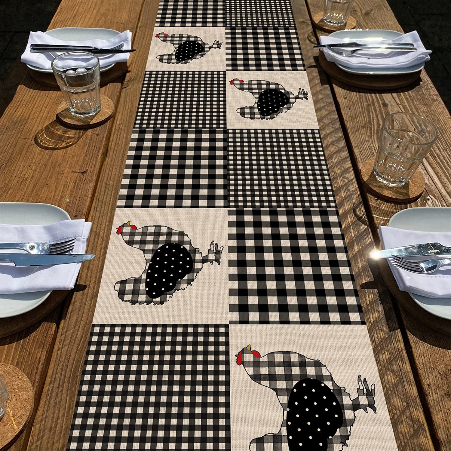 Farm Animal Chicken Hen Black White Buffalo Plaid Check Table Runner ...
