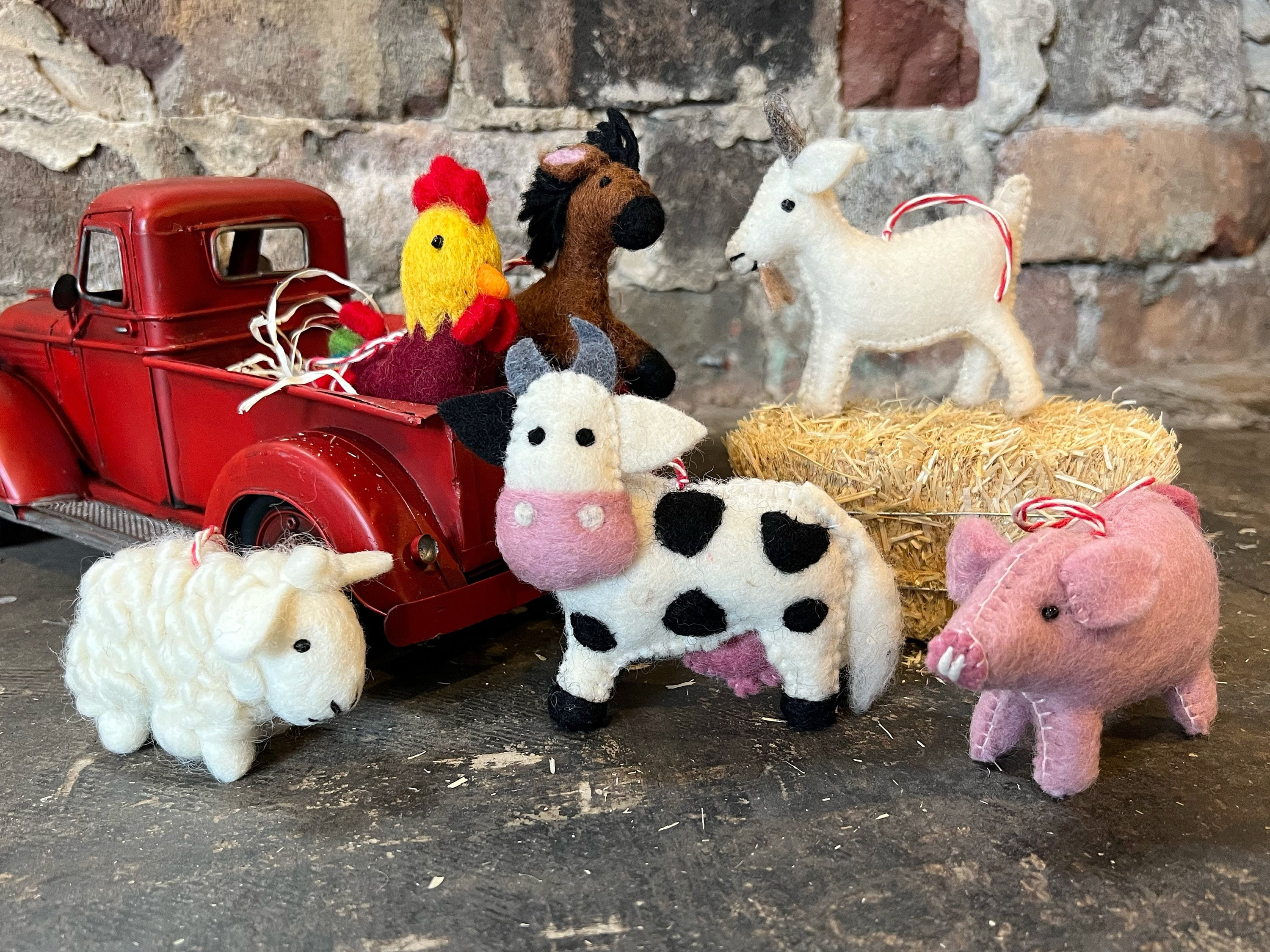 Farm Animal Christmas Ornament Set - Cow, Goat, Horse, Pig, Rooster ...