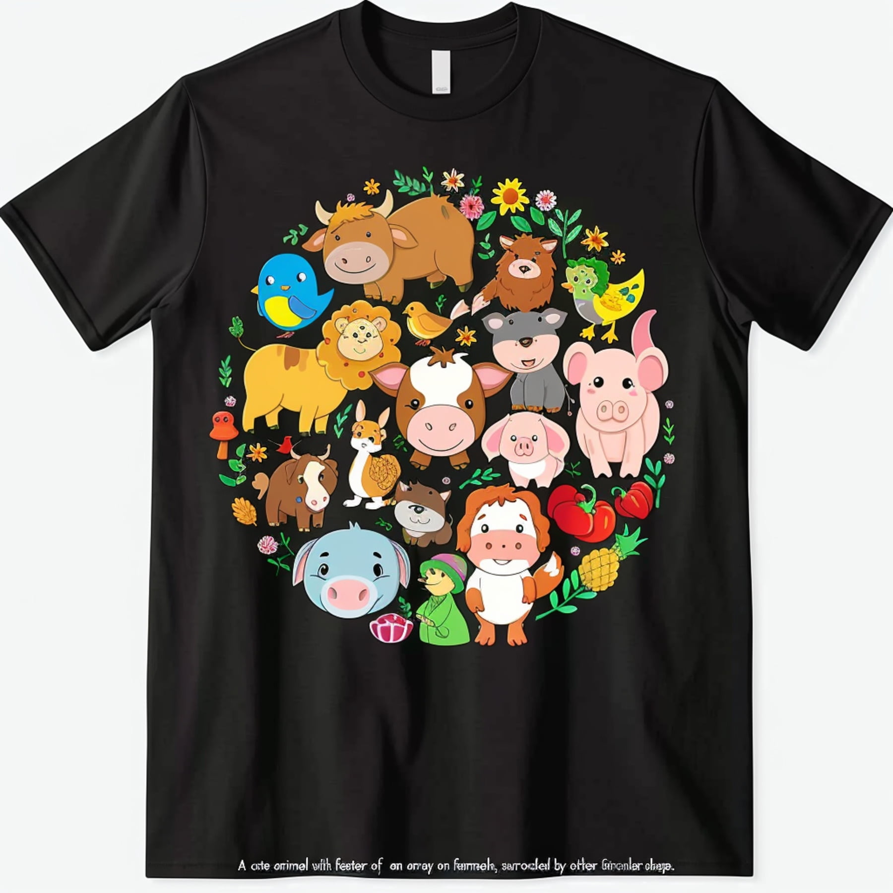 Farm Animal Circle Cute Cartoon Design Black TShirt Colorful and ...