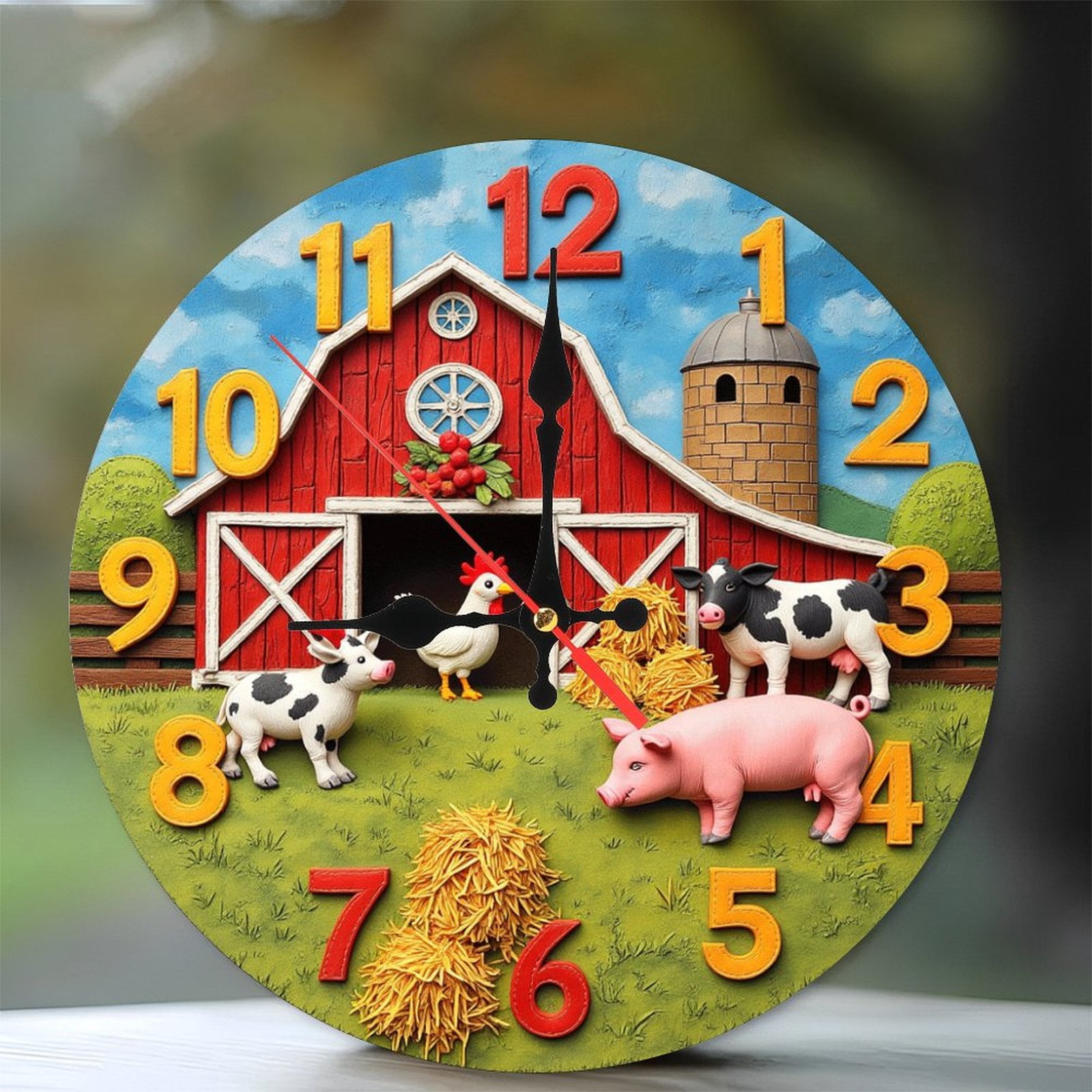 Farm Animal Clock， Red Barn Hay Bales Wall Clock 10-Inch Silent Wooden ...