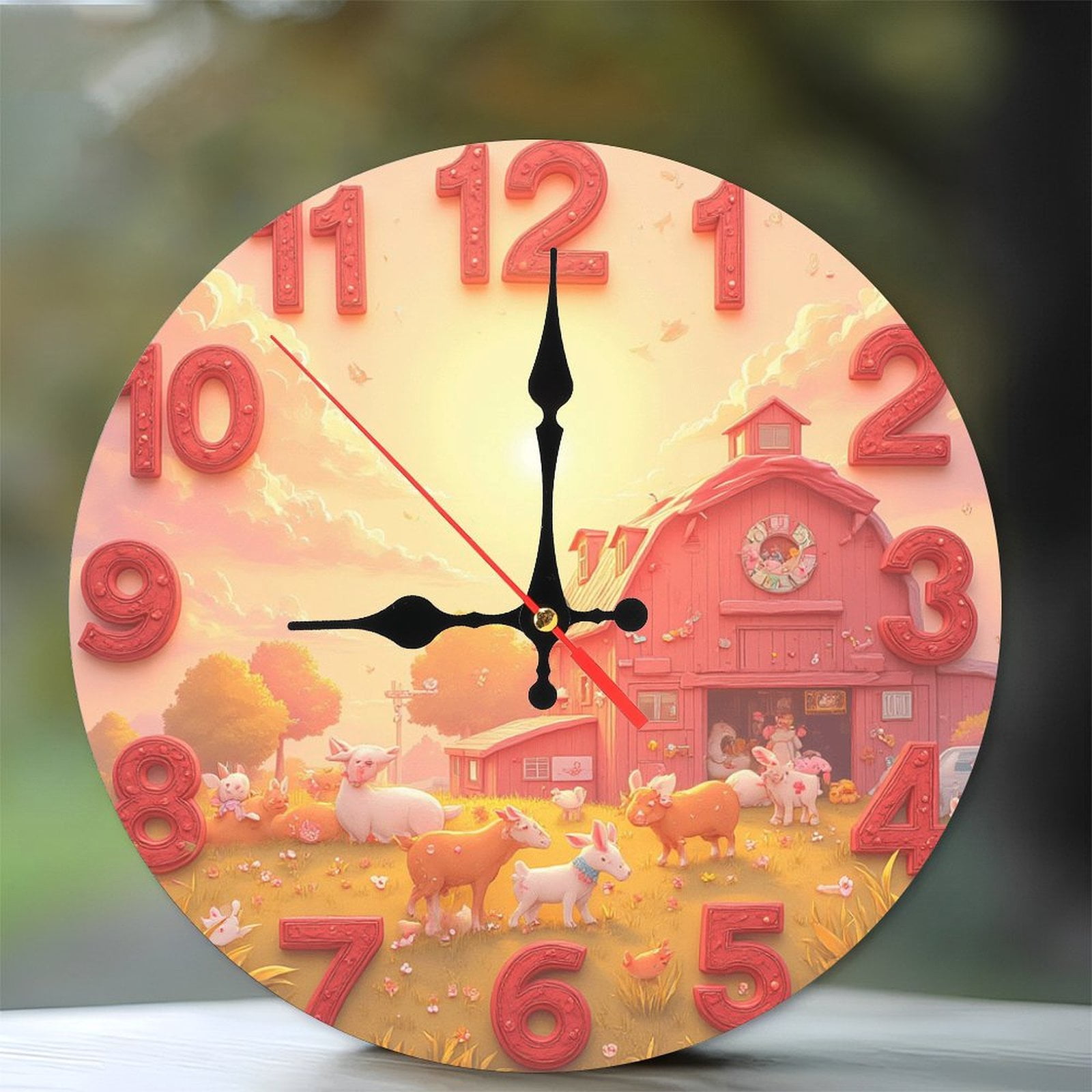 Farm Animal Clock Wall Decor Pink Pastel Sunset 10-Inch Silent Wooden ...