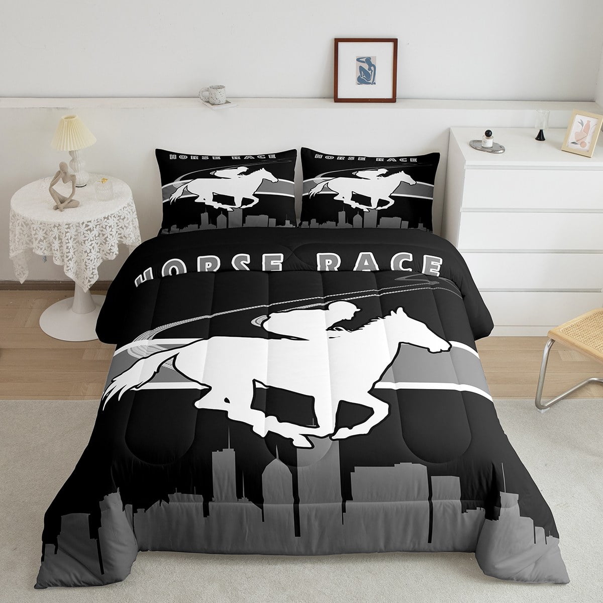 Farm Animal Comforter Full Horse Race Bedding Set, Black Grey Gray Down ...