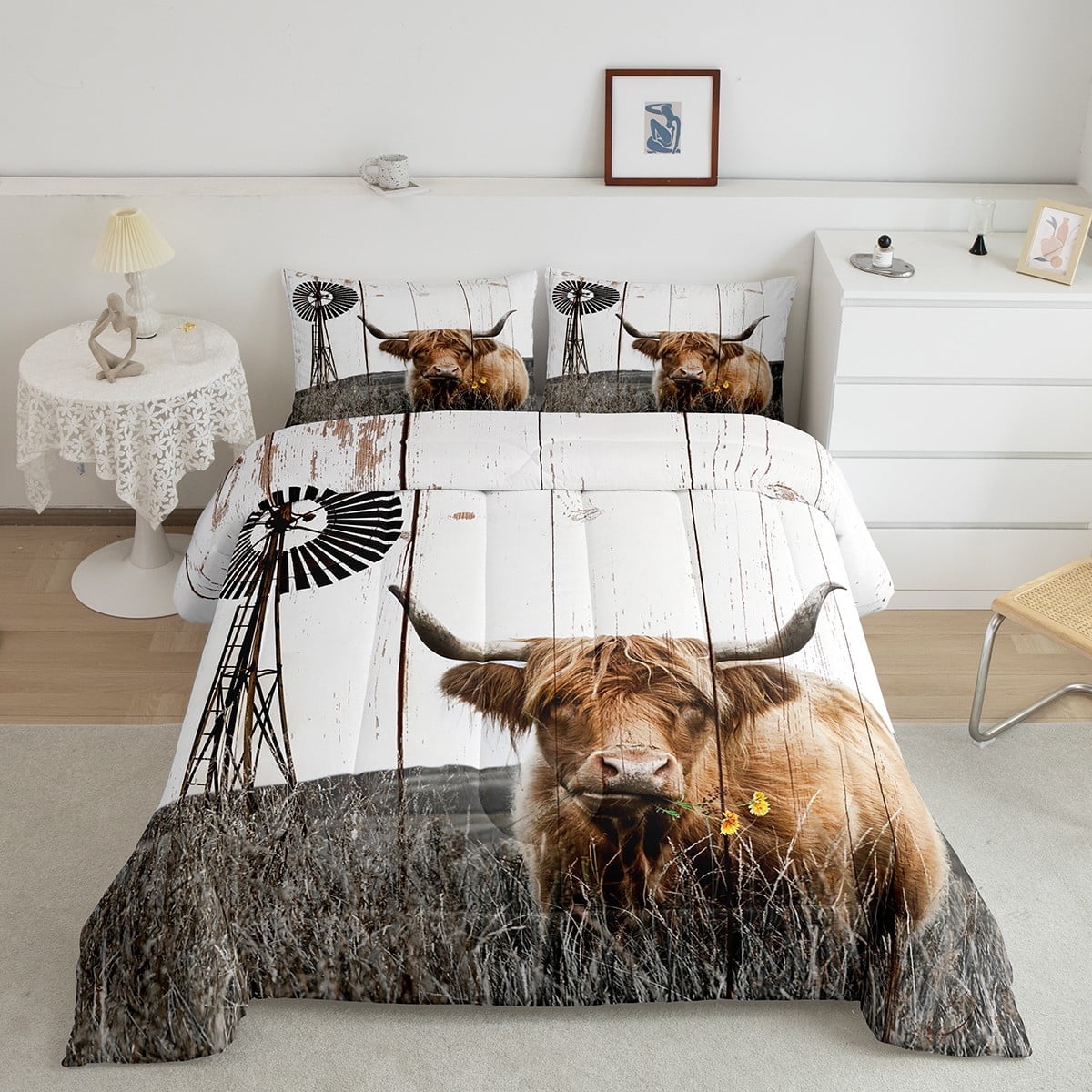 Farm Animal Comforter Set Cattle Daisy Flowers Bedding Windmill Vintage ...