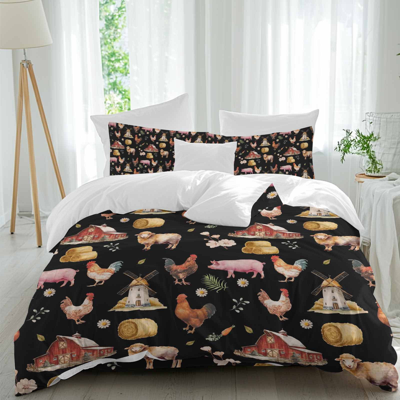 Farm Animal Comforter Set Full Size, Farmhouse Red Barn Sheep Pigs ...