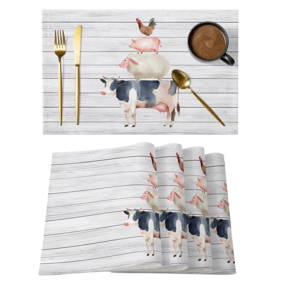 Farm Animal Cotton Linen Placemats Set of 8, Cow Pig Sheep Chicken Wood ...