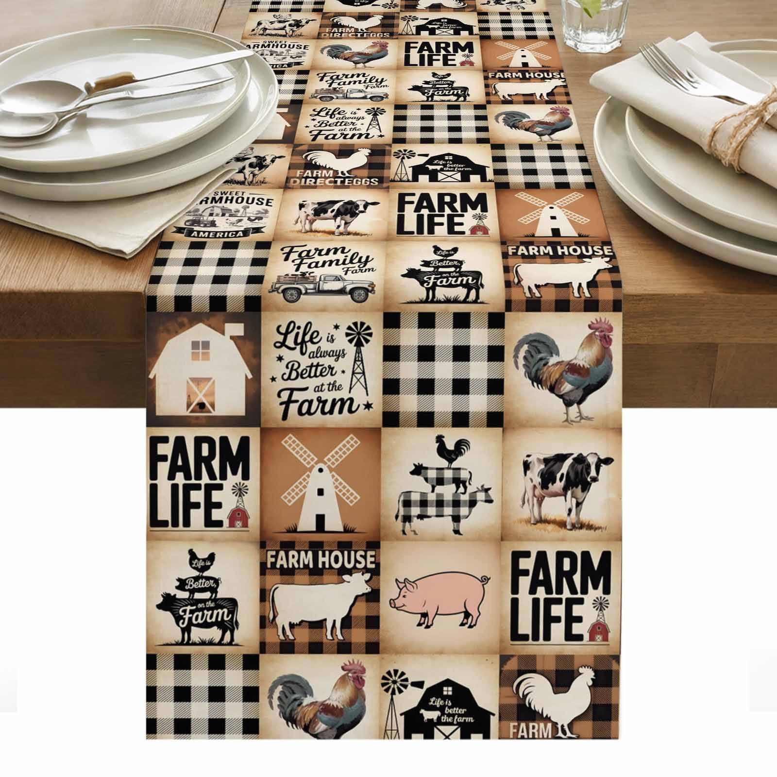 Farm Animal Cotton Linen Table Runner Country Vintage Chickens Cows ...