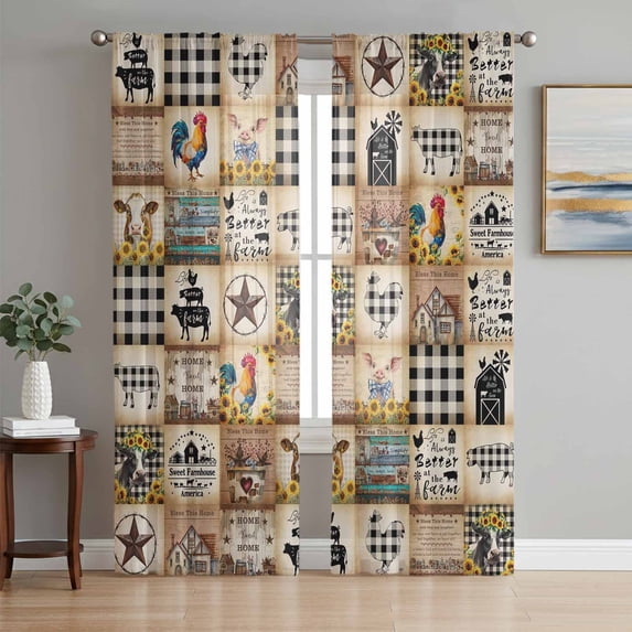 Farm Animal Country Star Sunflower Chiffon Sheer Curtains 84 Inches ...