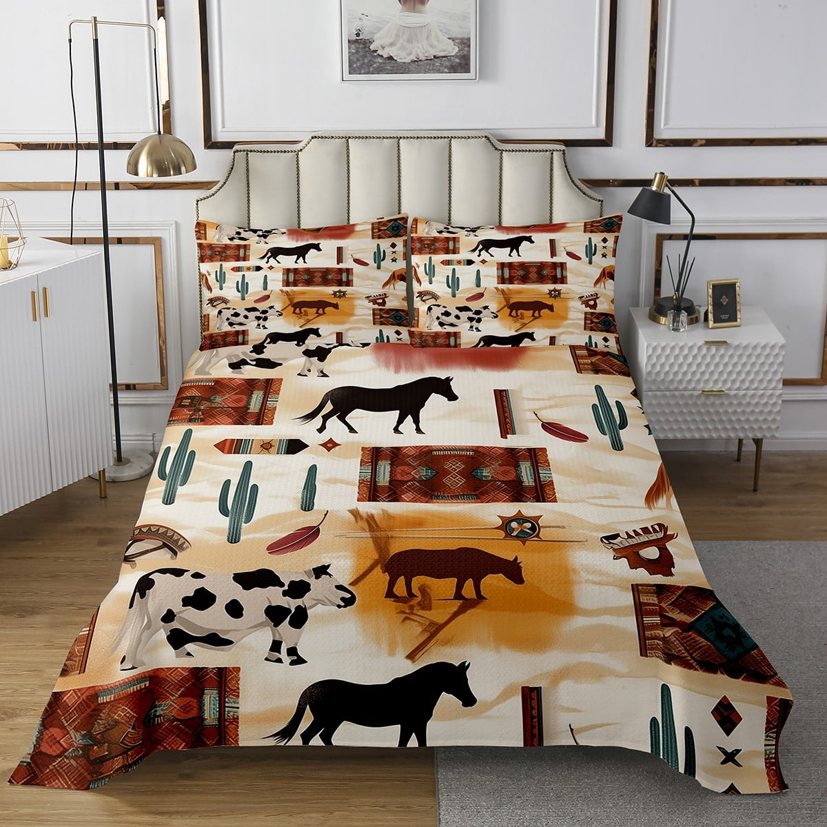 Farm Animal Coverlet Set Queen Milk Cow Horse Cactus Quilt Set Adults ...