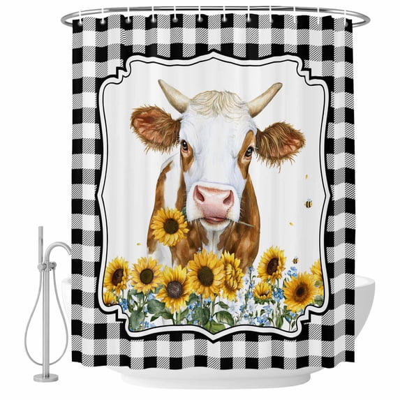 Farm Animal Cow Bathroom Shower Curtains with Hooks, Black Plaid ...