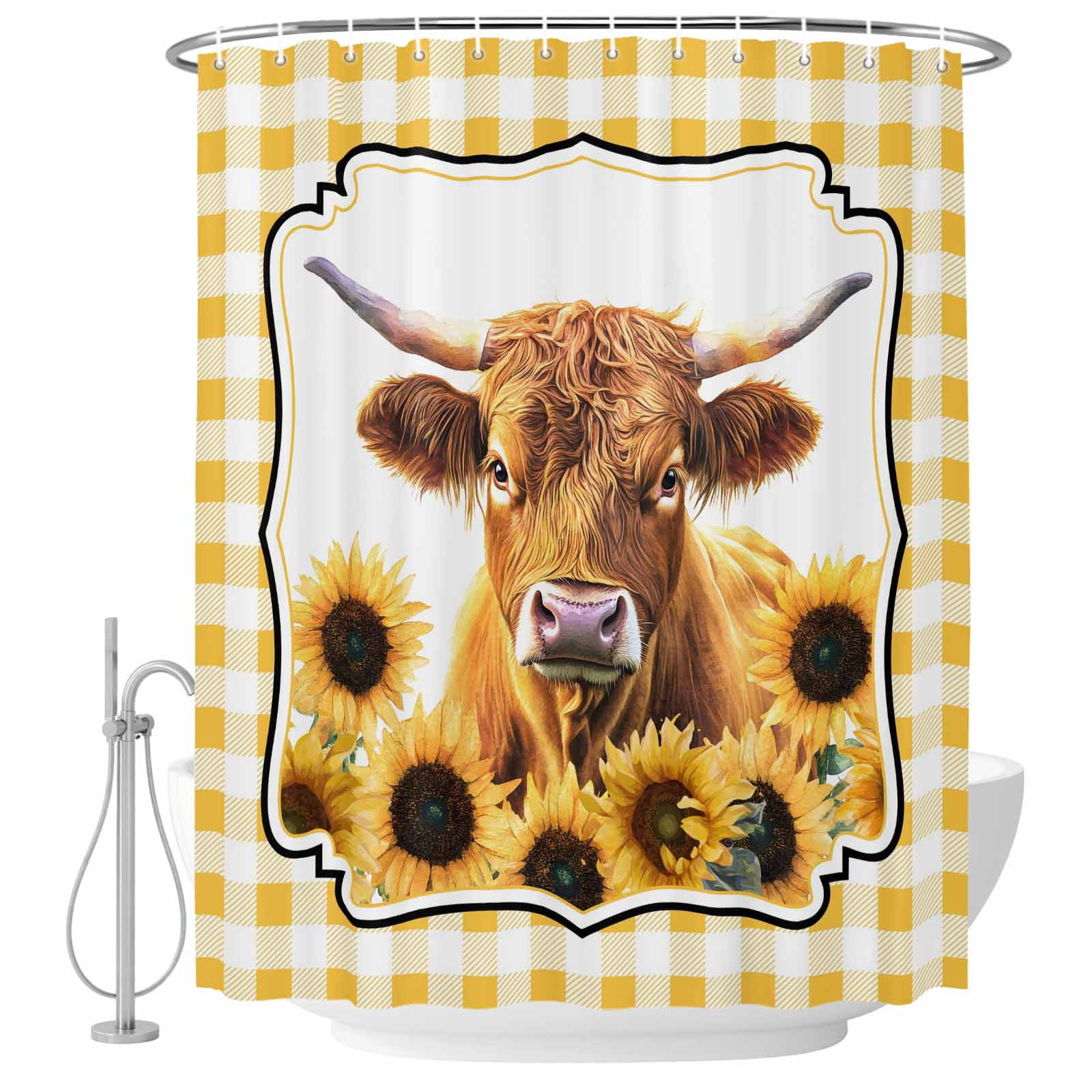 Farm Animal Cow Bathroom Shower Curtains with Hooks, Yellow Plaid ...