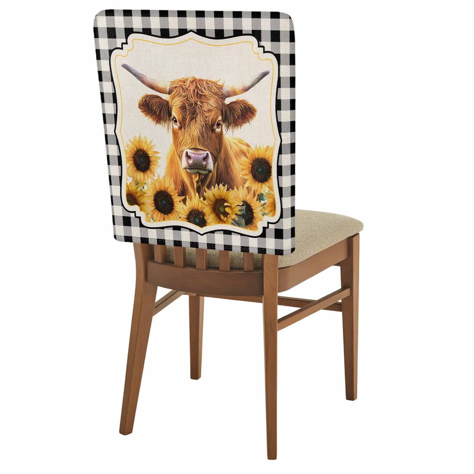 Farm Animal Cow Chair Back Covers Set of 4, Retro Black Plaid Sunflower ...