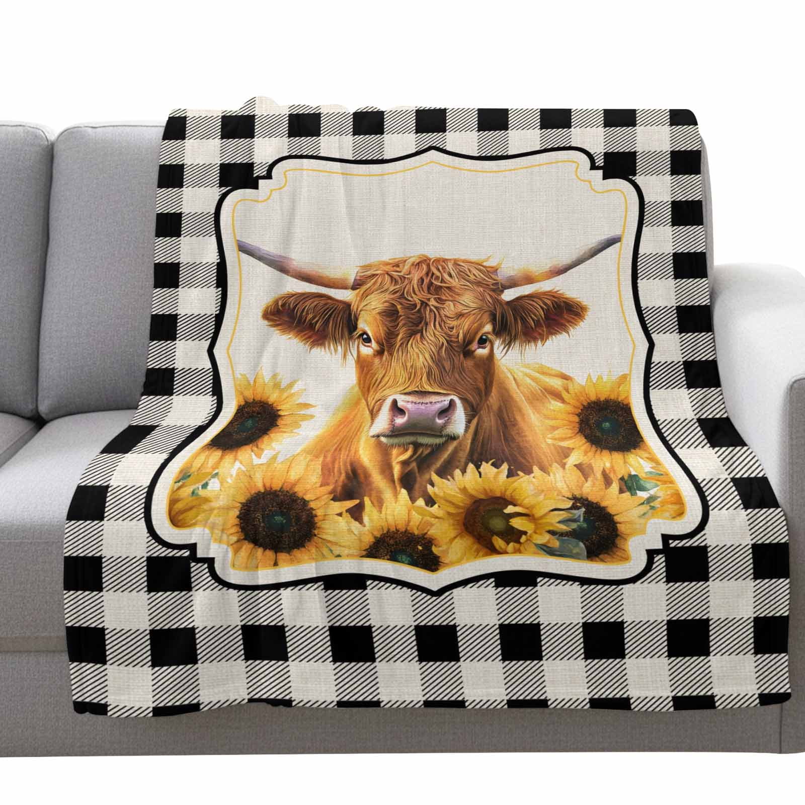 Farm Animal Cow Fleece Throw Blanket Lightweight Retro Black Plaid ...