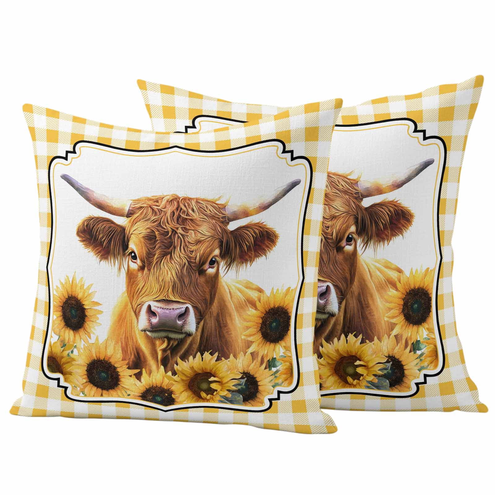 Farm Animal Cow Outdoor Pillow Covers Set of 2 Yellow Plaid Sunflower ...