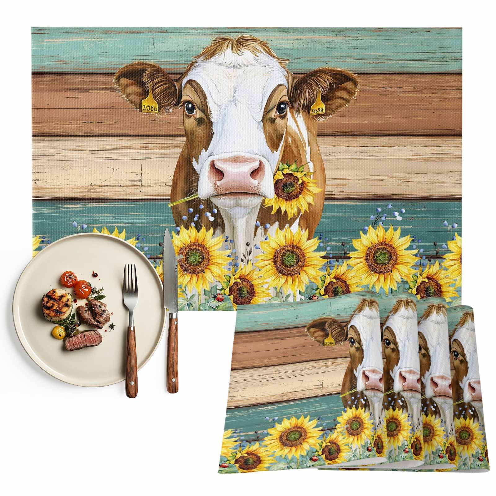 Farm Animal Cow Placemats Set of 1 Sunflower Leaf Vintage Wood Grain ...