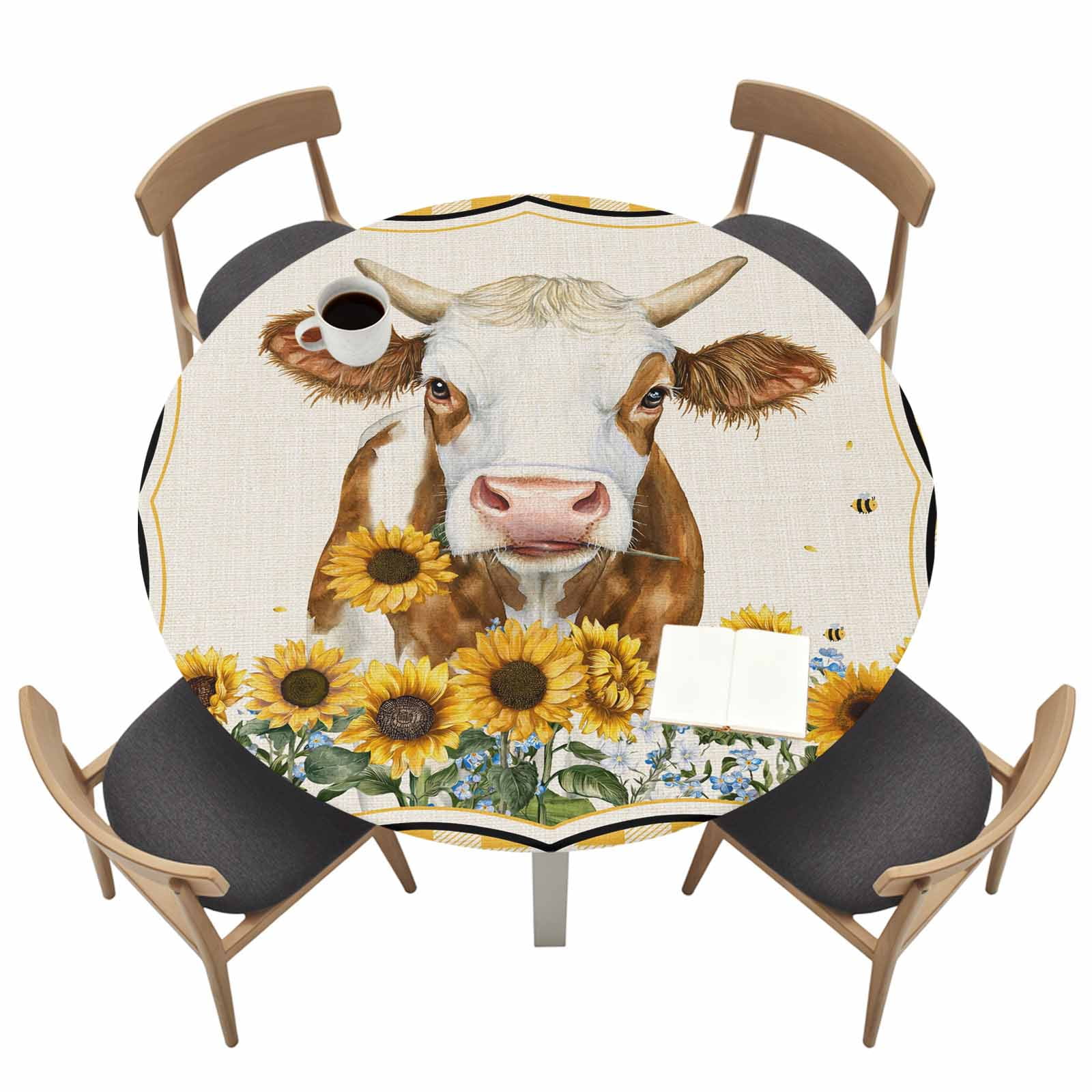Farm Animal Cow Round Fitted Tablecloth with Elastic Edge Retro Yellow ...