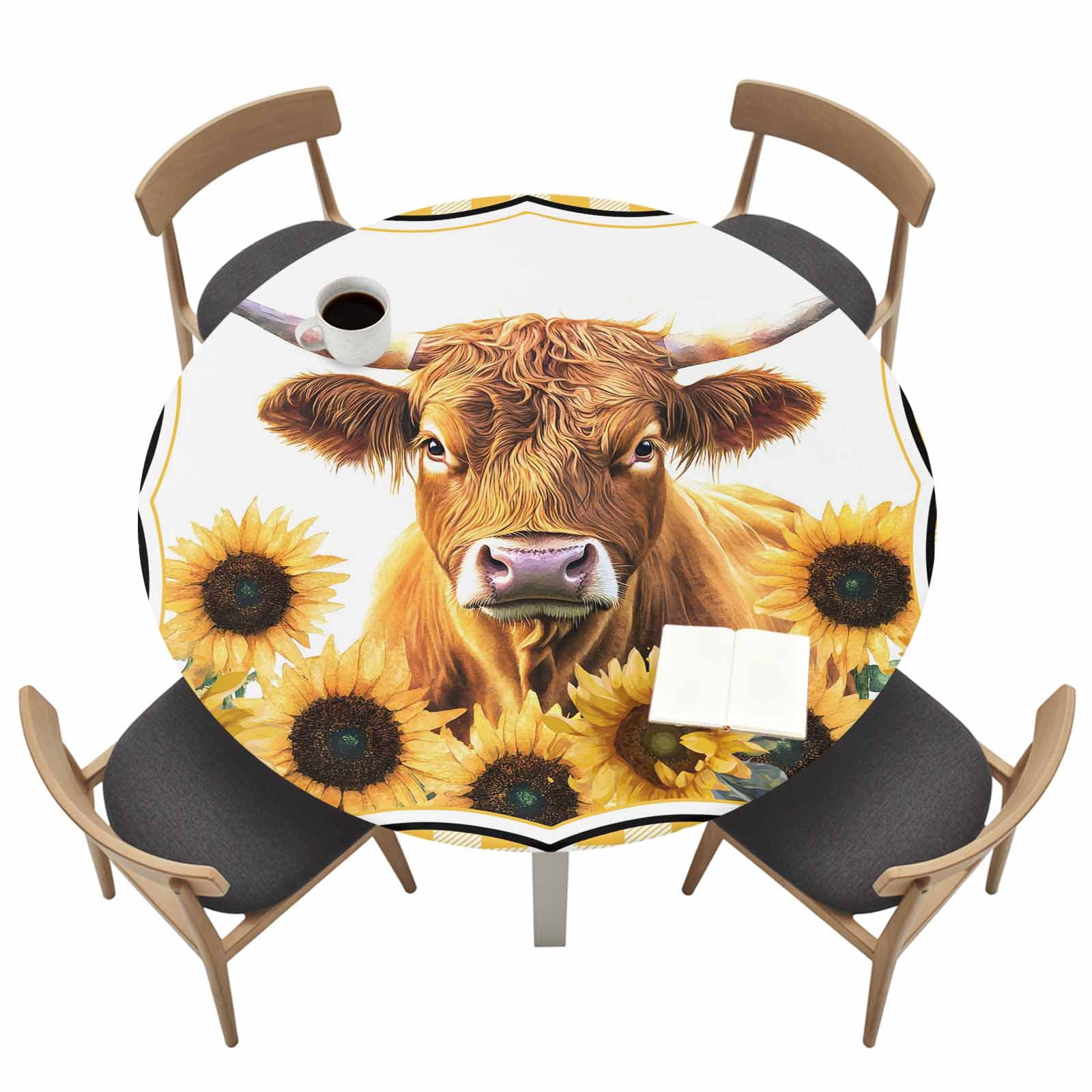 Farm Animal Cow Round Fitted Tablecloth with Elastic Edge Yellow Plaid ...