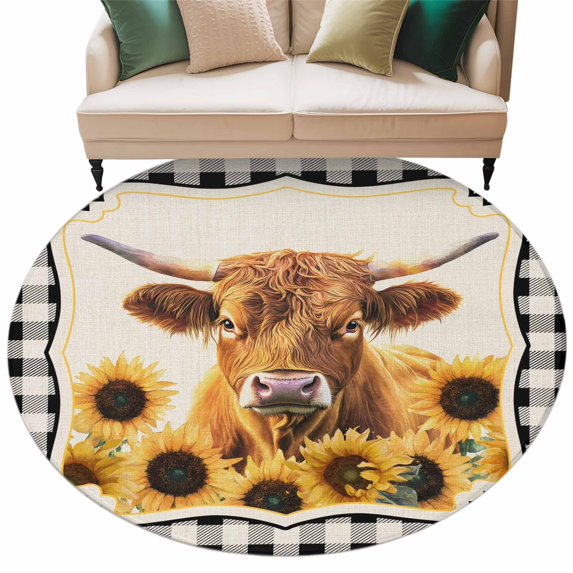 Farm Animal Cow Washable Round Area Rug 6 ft, Retro Black Plaid ...