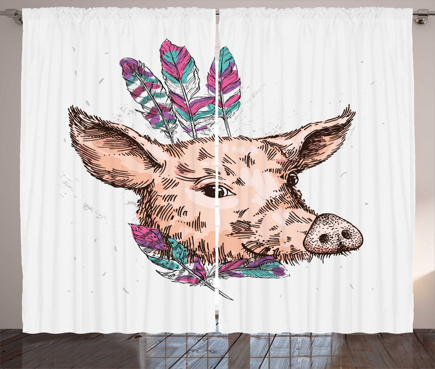 Ambesonne Farm Animal Curtains 2 Panel Set, Pig Portrait Feathers, 108 ...