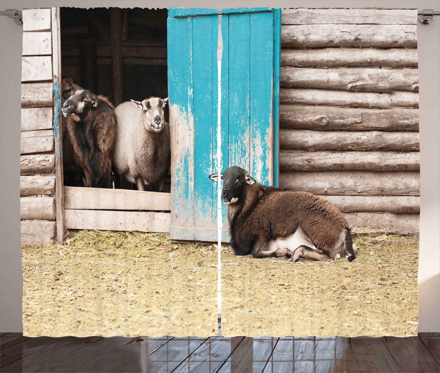Ambesonne Farm Animal Curtains 2 Panel Set, Sheep in Cottage, 108" x 90 ...