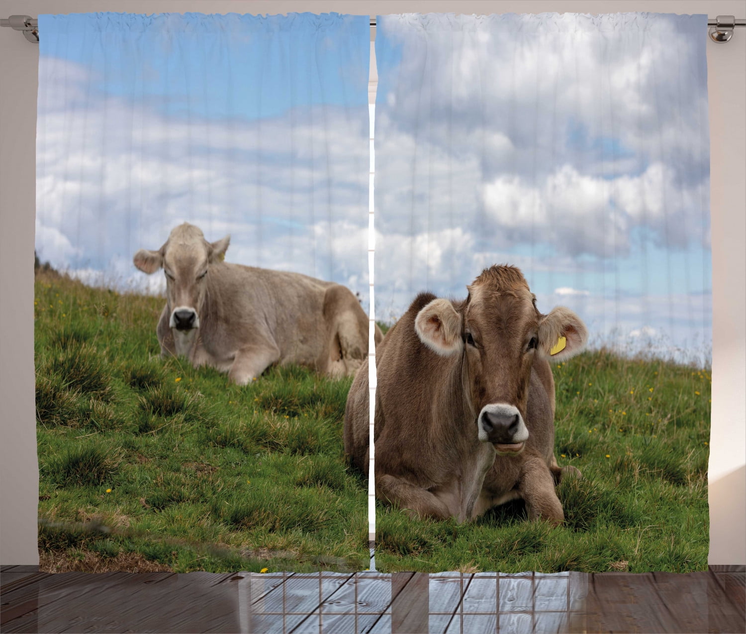 Ambesonne Farm Animal Curtains 2 Panel Set, Resting Cows and Sky, 108 ...
