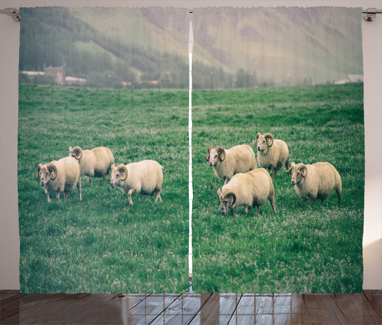 Ambesonne Farm Animal Curtains 2 Panel Set, Sheep Grazing on Grass, 108 ...