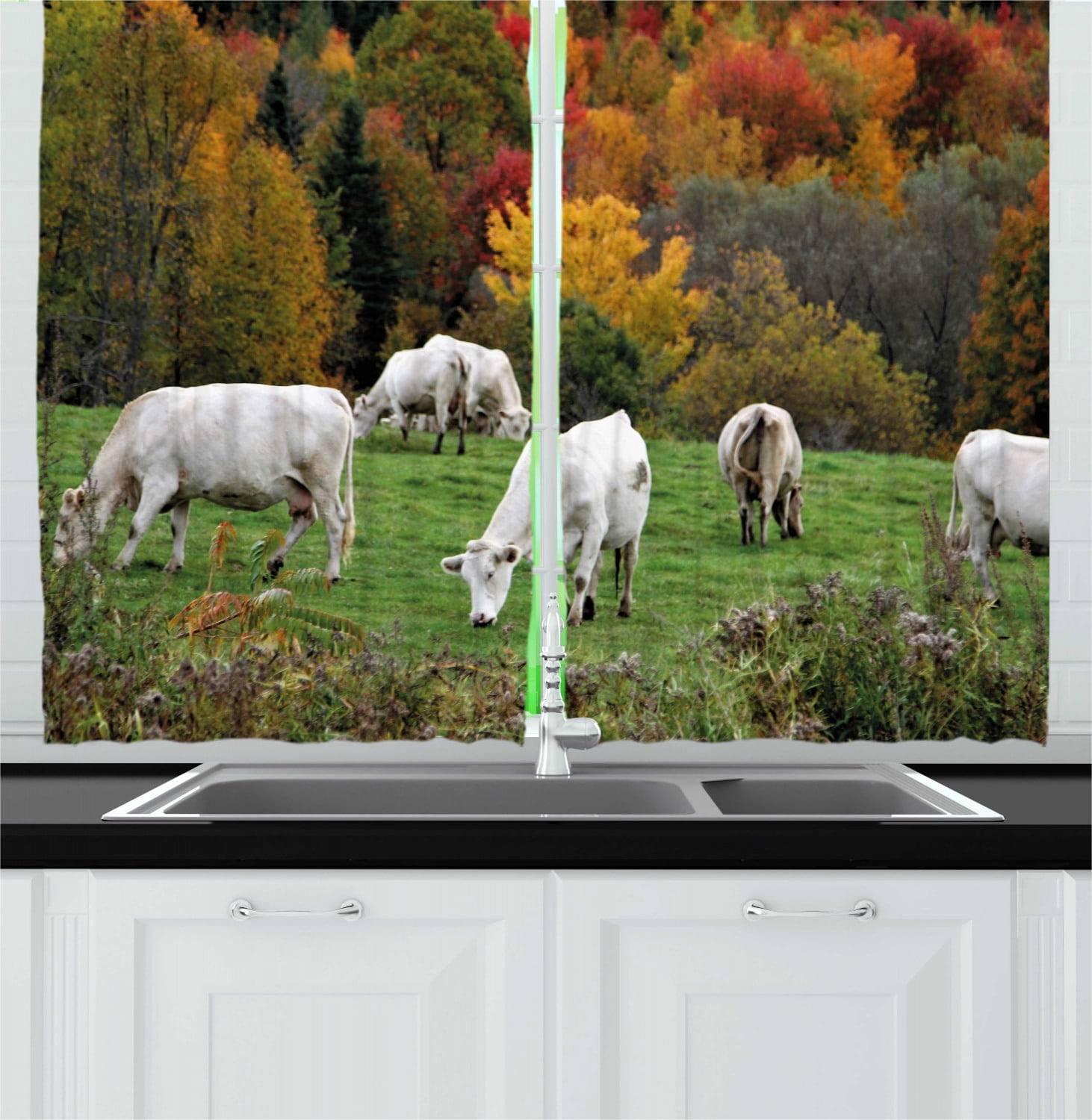 Farm Animal Curtains 2 Panels Set, Photo of Grazing Cows on Hill with ...