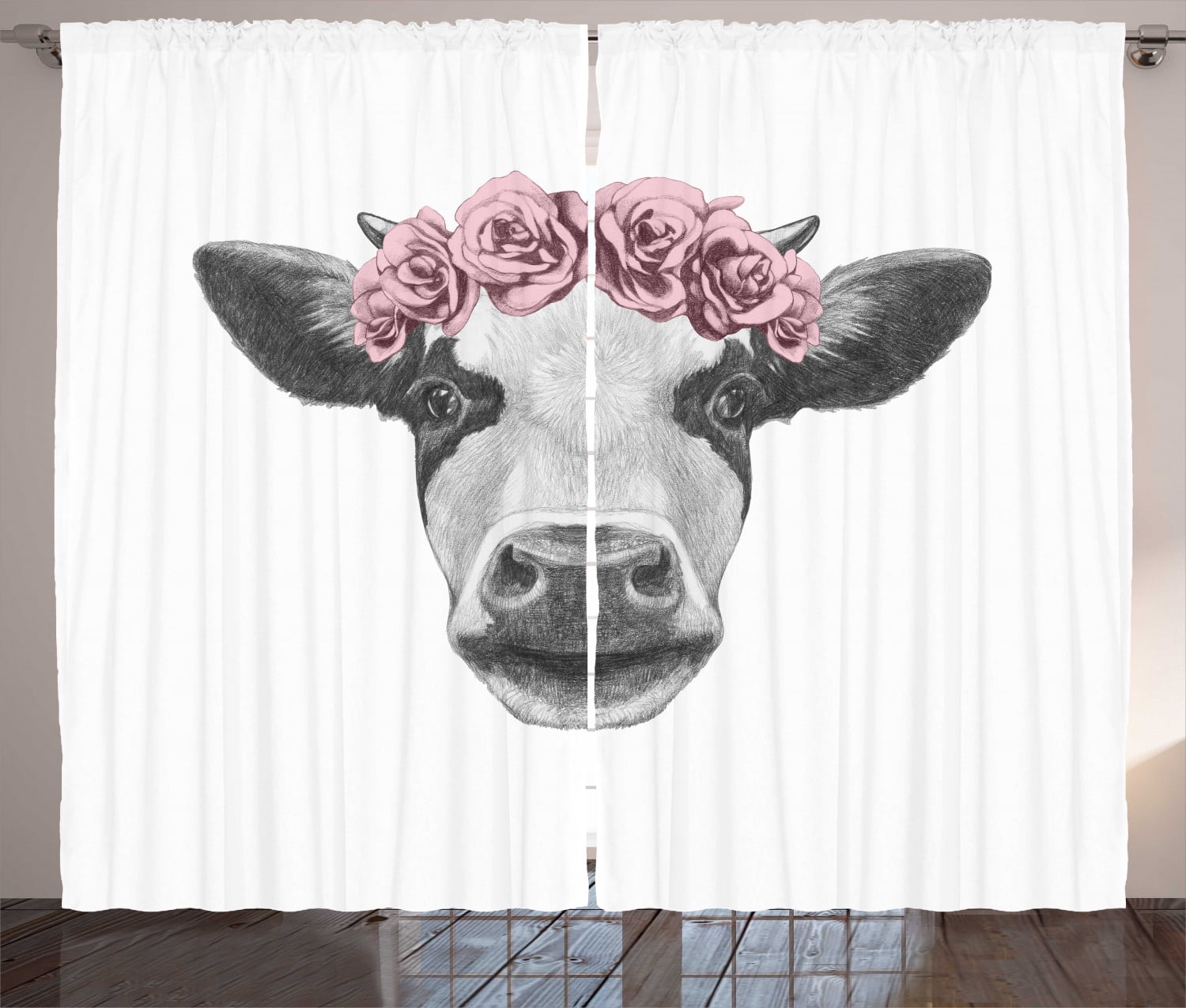 Ambesonne Farm Animal Curtains 2 Panel Set, Cow with Roses Wreath, 108 ...