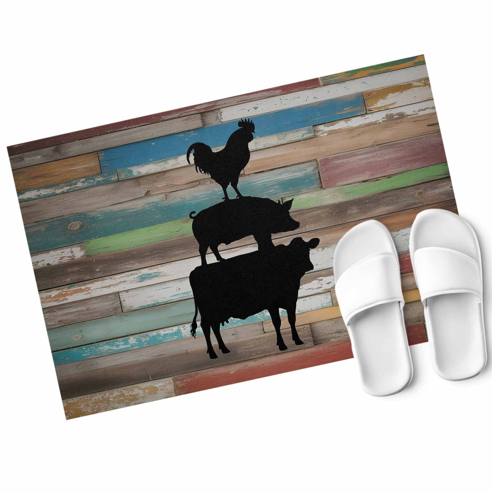 Farm Animal Door Mat Chicken Pig Cow Farmhouse Brown Wood Grain Non ...