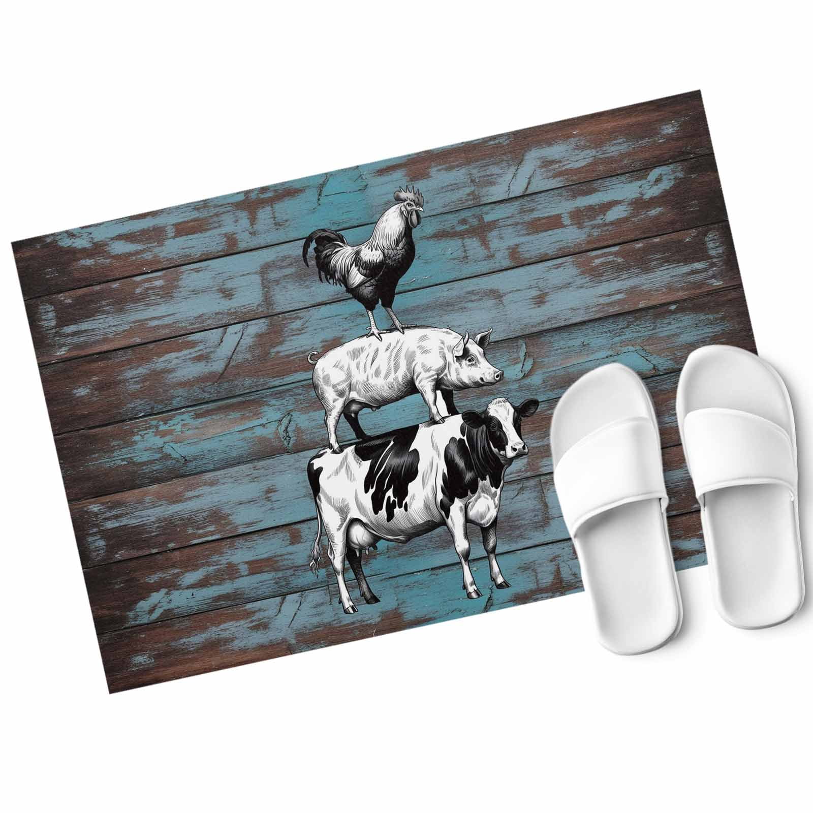 Farm Animal Door Mat Chicken Pig Cow Farmhouse Teal Wood Grain Non Slip ...