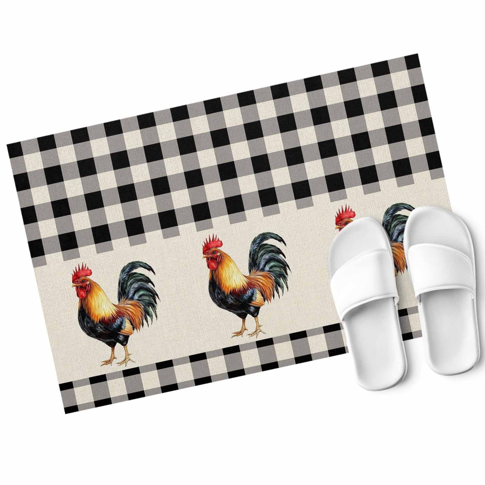 Farm Animal Door Mat Rooster Linen Texture Buffalo Plaid Country Non ...
