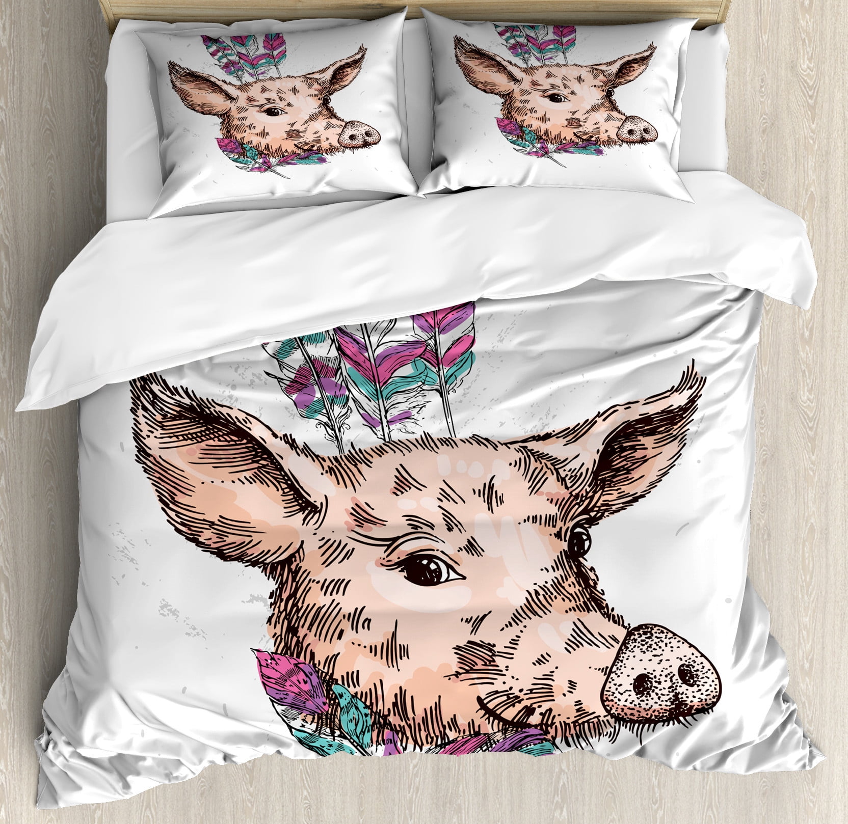 Farm Animal Duvet Cover Set, Abstract Sketch of Pig Portrait with ...