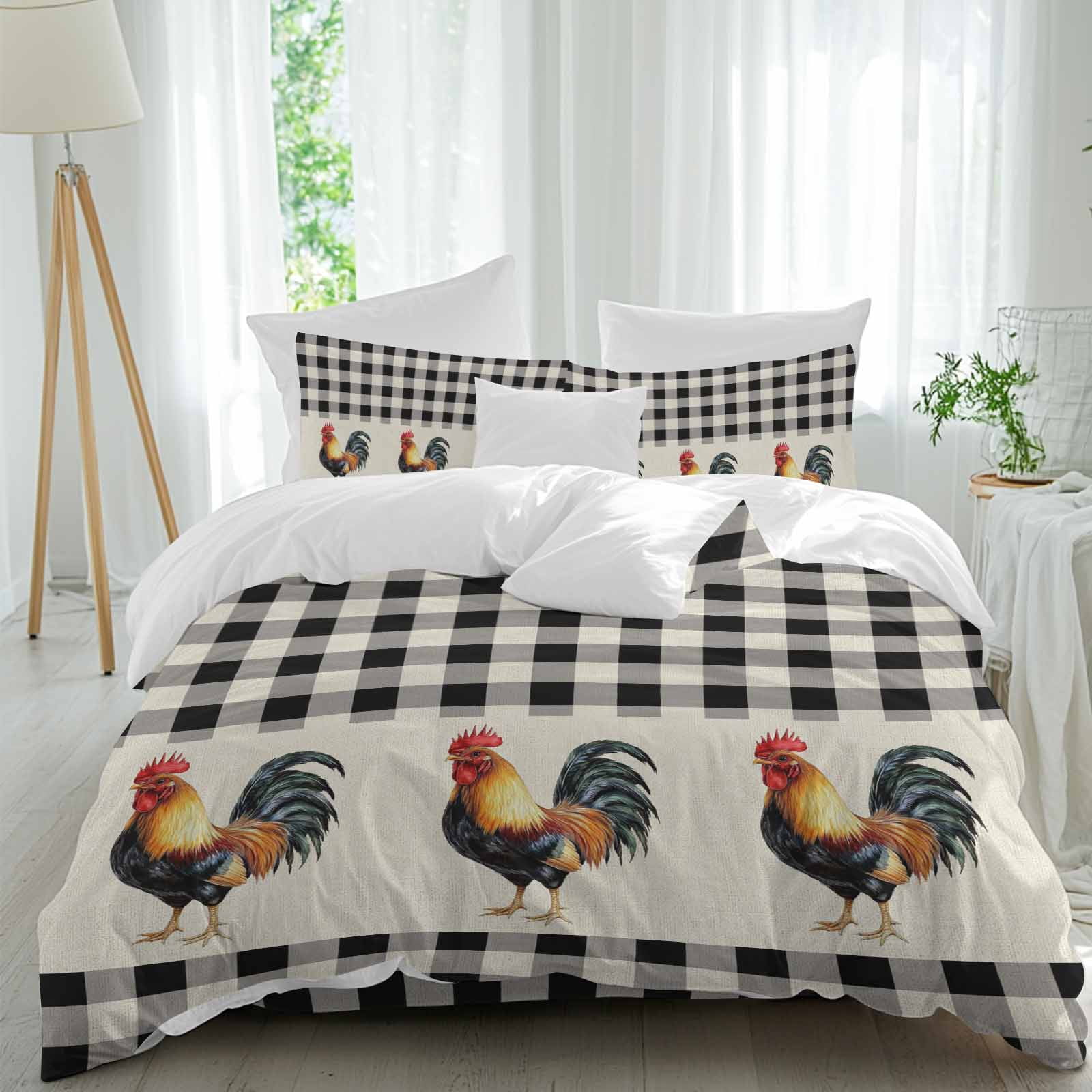 Farm Animal Duvet Cover Set Queen Size, Rooster Linen Texture Buffalo ...