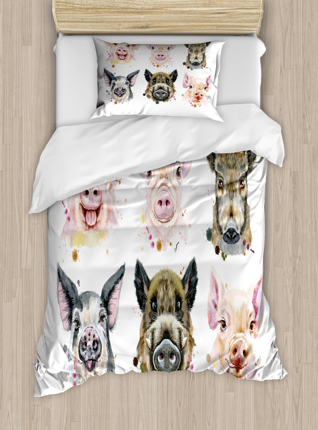 Farm Animal Duvet Cover Set Twin Size, Artistic Boar Piglet Graphic of ...