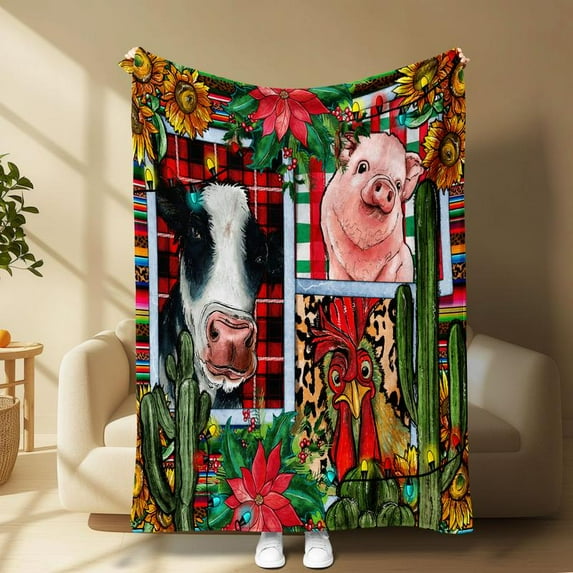 Farm Animal Fleece Blanket: Soft Cozy Throw with Cow, Pig, Rooster ...