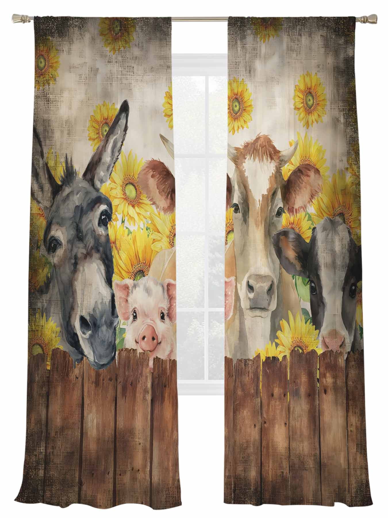 Farm Animal Flower Sheer Curtains 2 Panels Set Retro Farmhouse Donkey ...