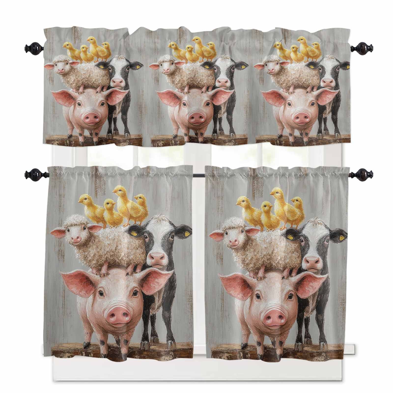 Farm Animal Kitchen Curtains and Valances Set, Pig Sheep Cow Chicken ...