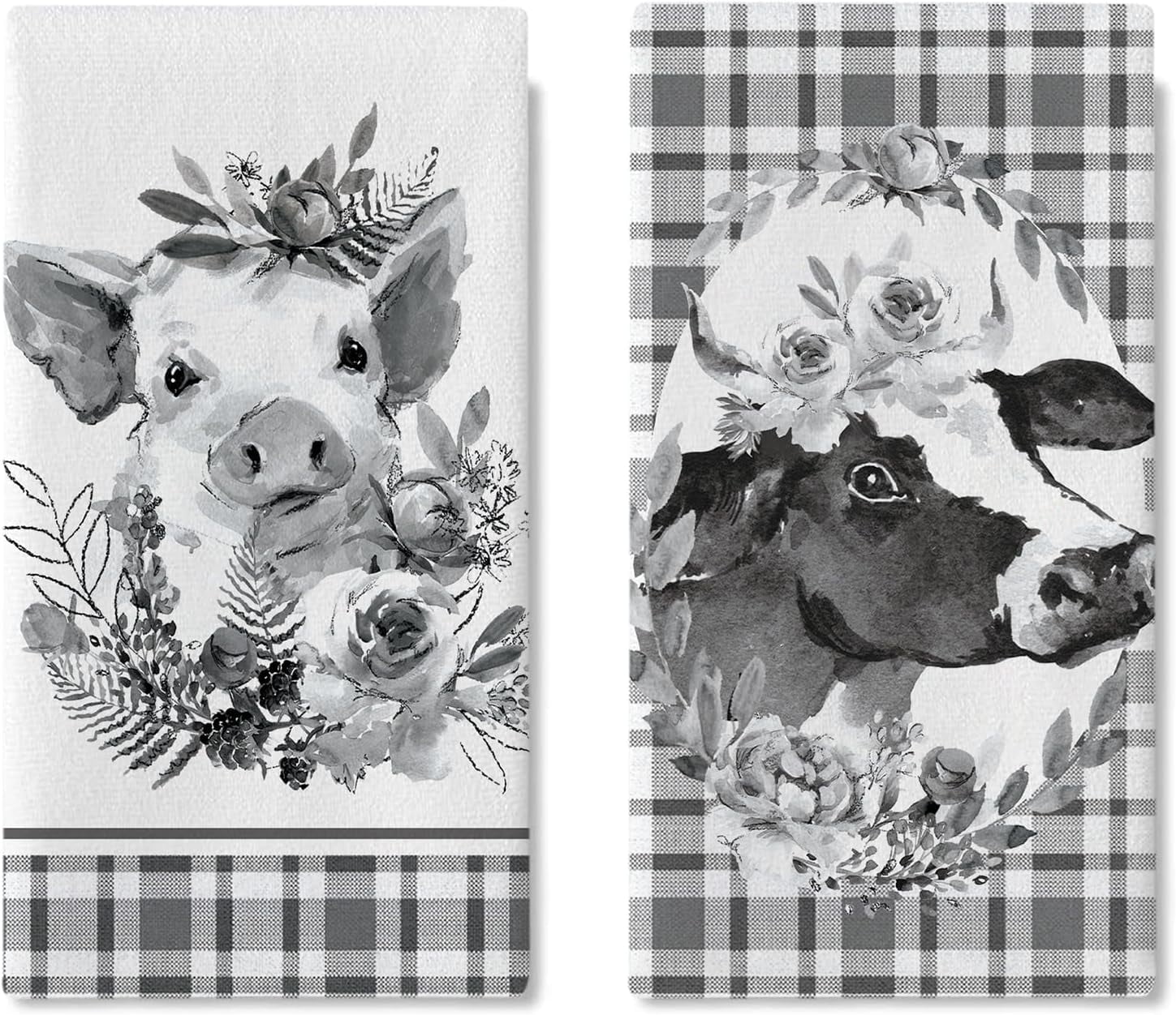 Farm Animal Kitchen Dish Towels Set of 2, Farmhouse Pig Cow Black White ...