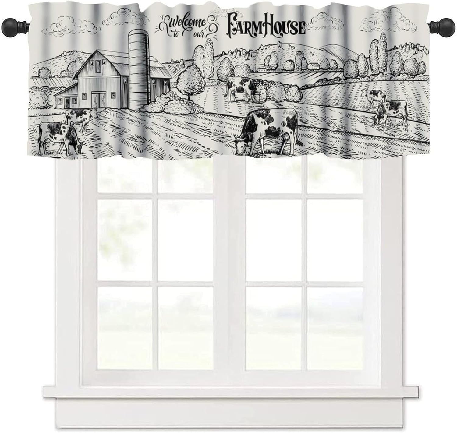 Farm Animal Kitchen Valance, Rooster Chicken Hen Black White Buffalo ...
